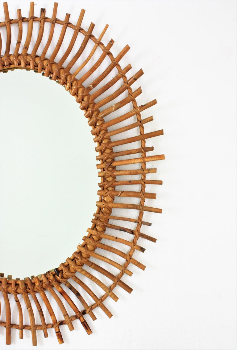 Rattan Bamboo Oval Sunburst Mirror For Sale at 1stDibs