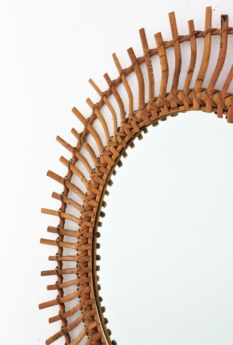 Rattan Bamboo Oval Sunburst Mirror For Sale at 1stDibs