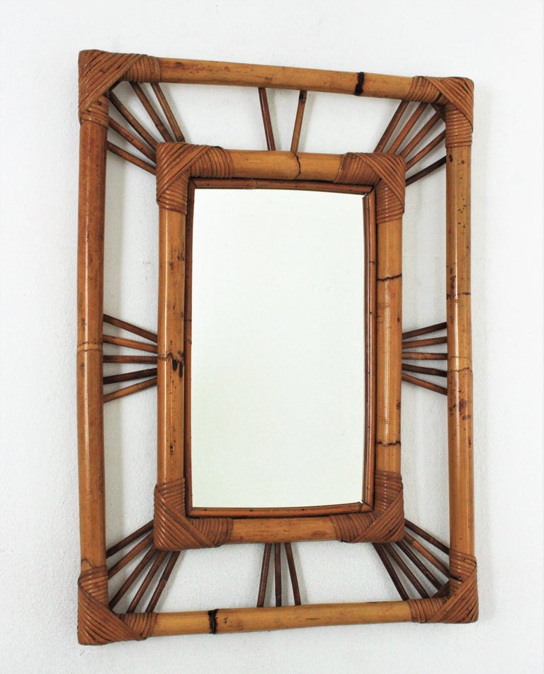 Rattan Bamboo Rectangular Sunburst Mirror, 1960s at 1stDibs