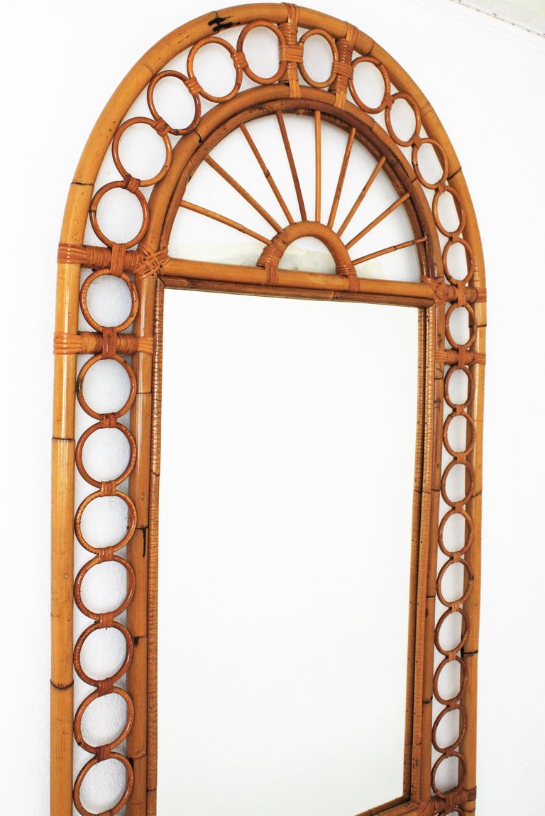 Rattan Bamboo Wall Mirror with Rings Frame, Franco Albini Style at 1stDibs