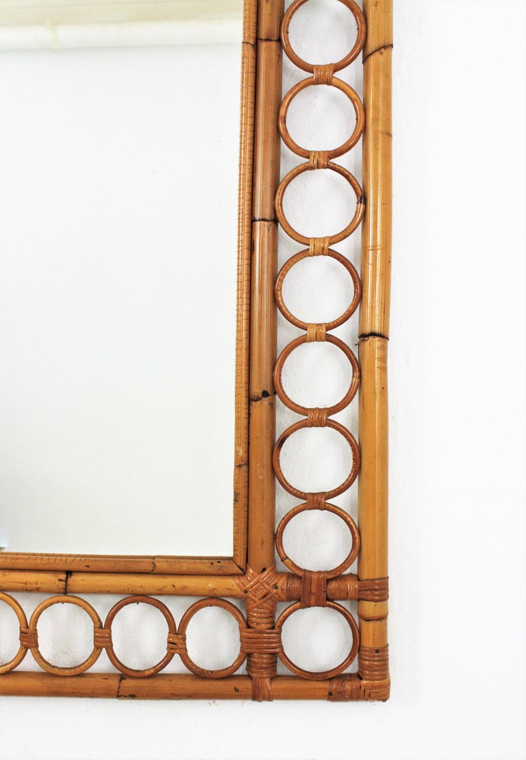 Rattan Bamboo Wall Mirror with Rings Frame, Franco Albini Style at 1stDibs