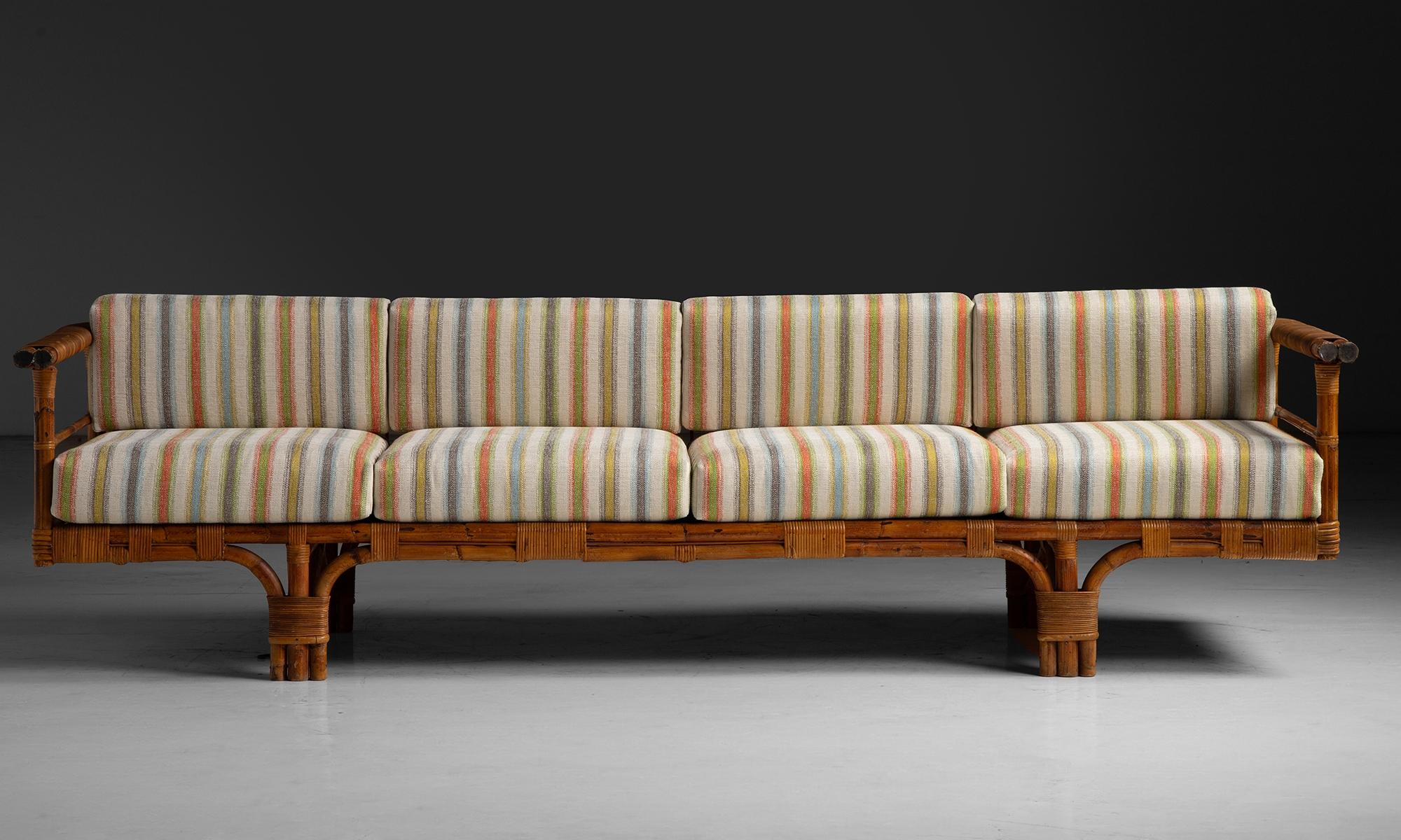Rattan Bench in Pierre Frey Linen, France Circa 1970 at 1stDibs