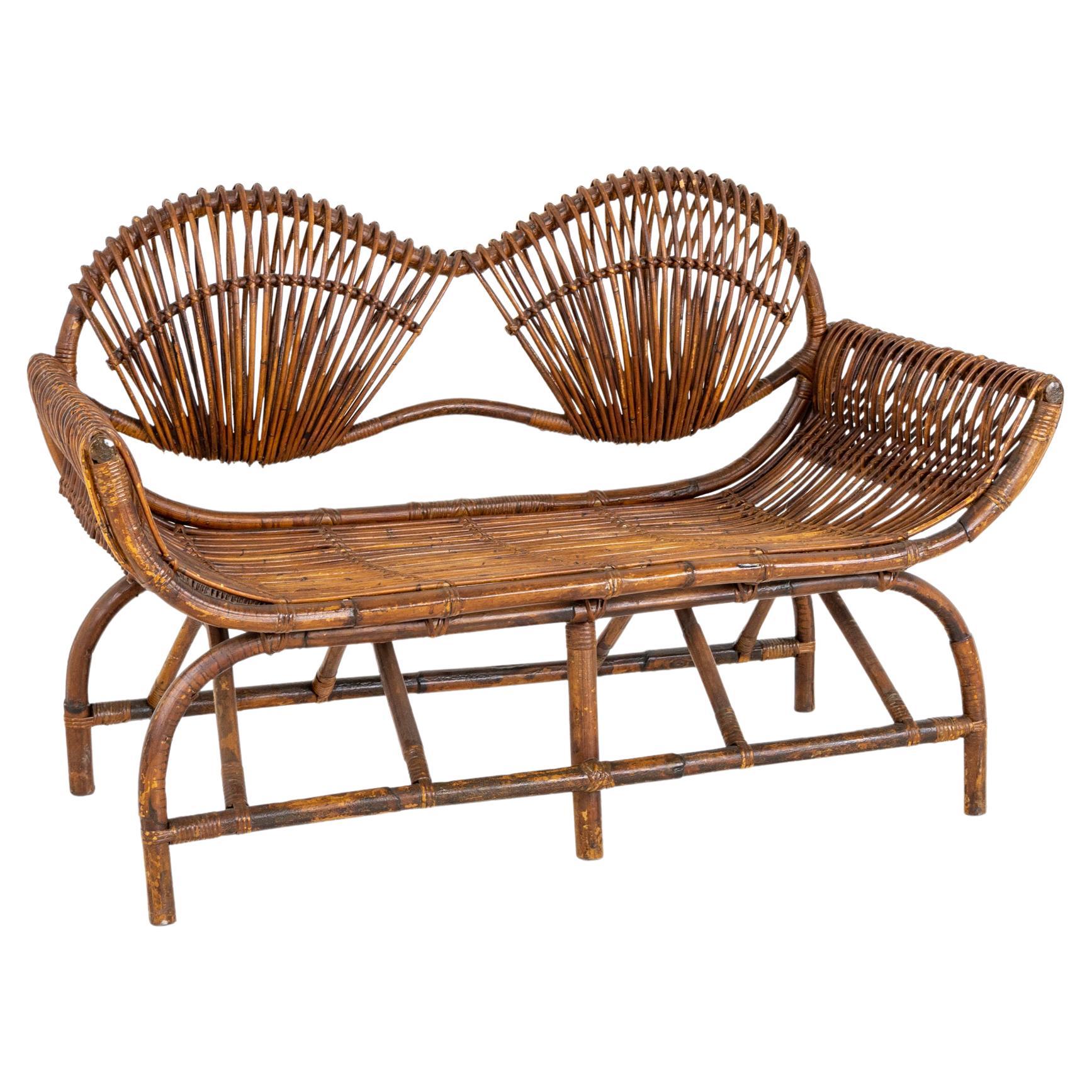 Rattan and Wood Bench at 1stDibs