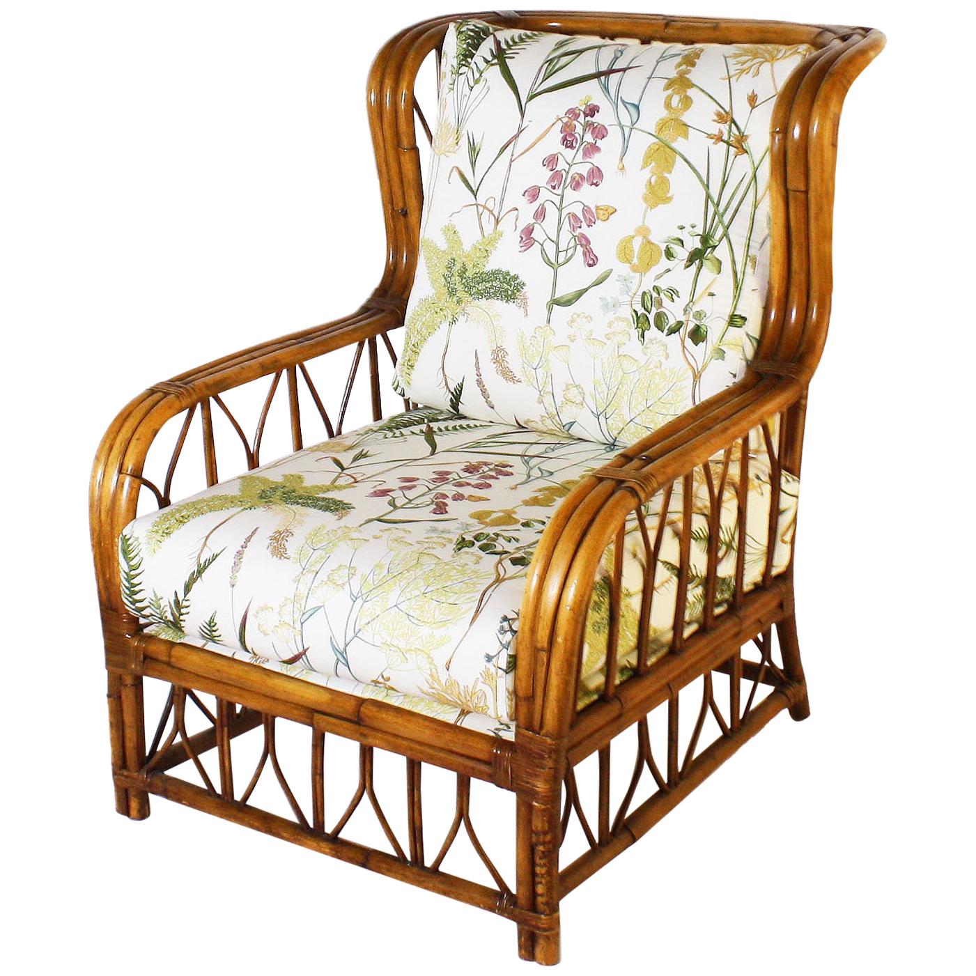 Rattan Chair with Botanical Print, circa 1960 at 1stDibs