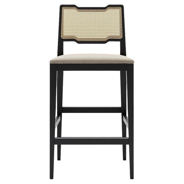 Rattan Counter Stool in Black Lacquered Frame and Velvet Seat Cushion ...
