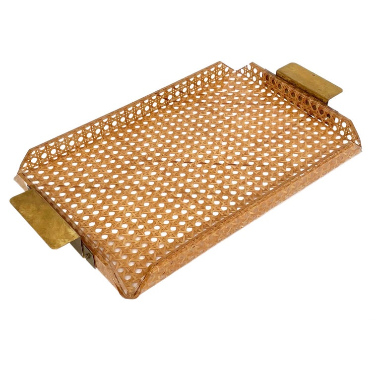 Rattan Lucite and Brass Serving Tray Christian Dior Style, Italy, 1970s ...