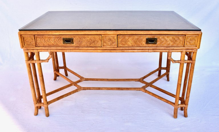 Rattan Midcentury British Colonial Campaign Style Desk For Sale at 1stDibs