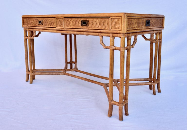 Rattan Midcentury British Colonial Campaign Style Desk For Sale at 1stDibs