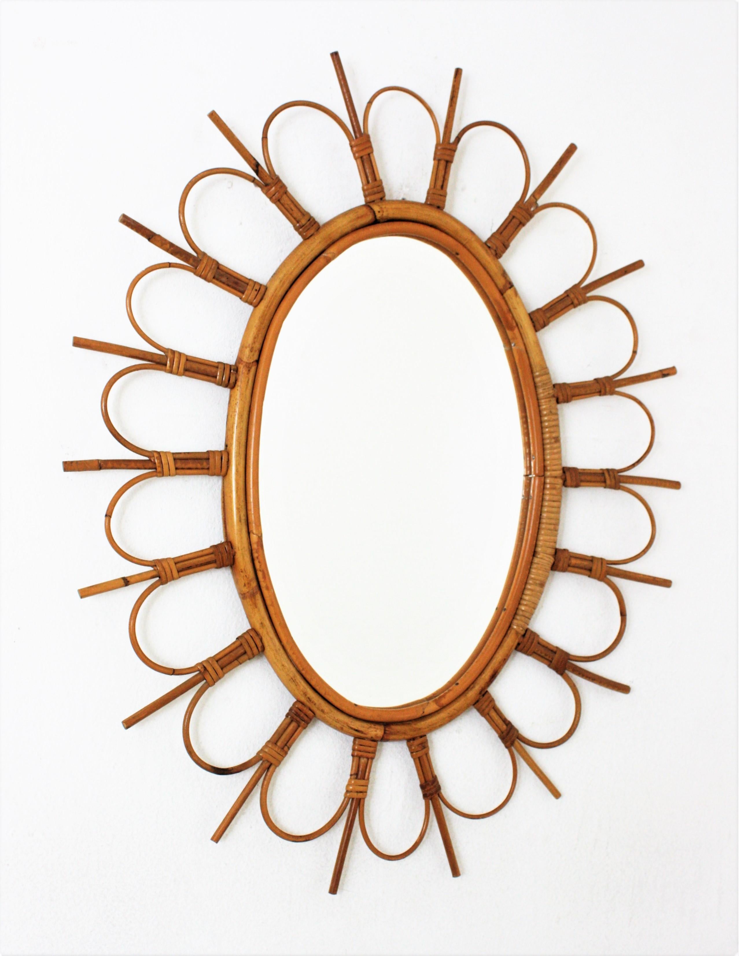 Rattan Oval Sunburst Flower Mirror from France, 1960s For Sale at 1stDibs