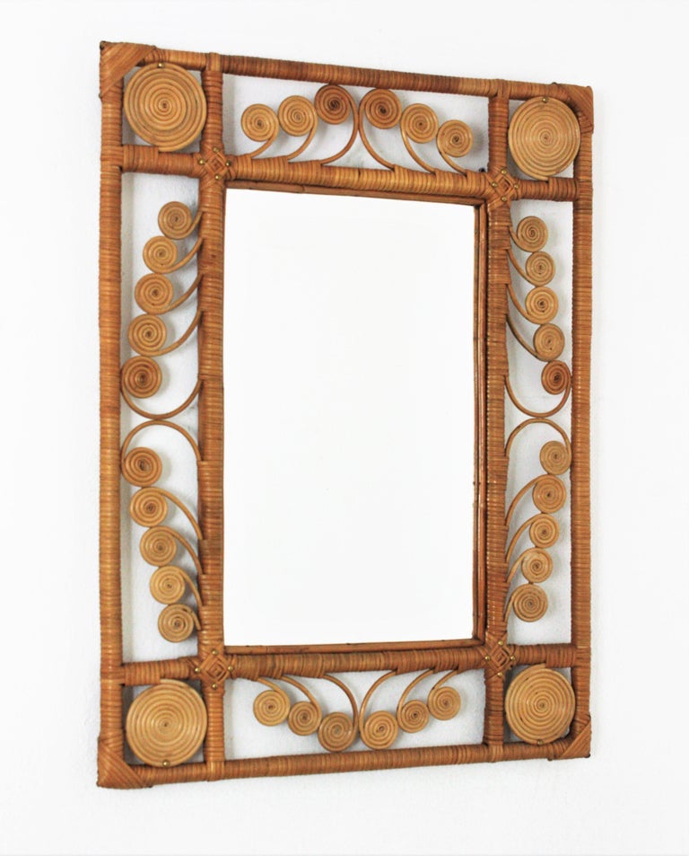 Rattan Rectangular Mirror with Filigree Peacock Frame, Spain, 1960s at ...