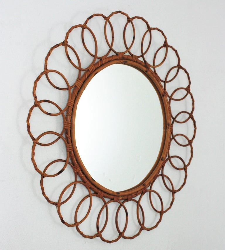 Rattan Round Mirror with Rings Frame, 1960s at 1stDibs