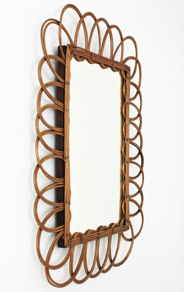 Rattan Sunburst Flower Rectangular Mirror, French Mediterranean Style ...