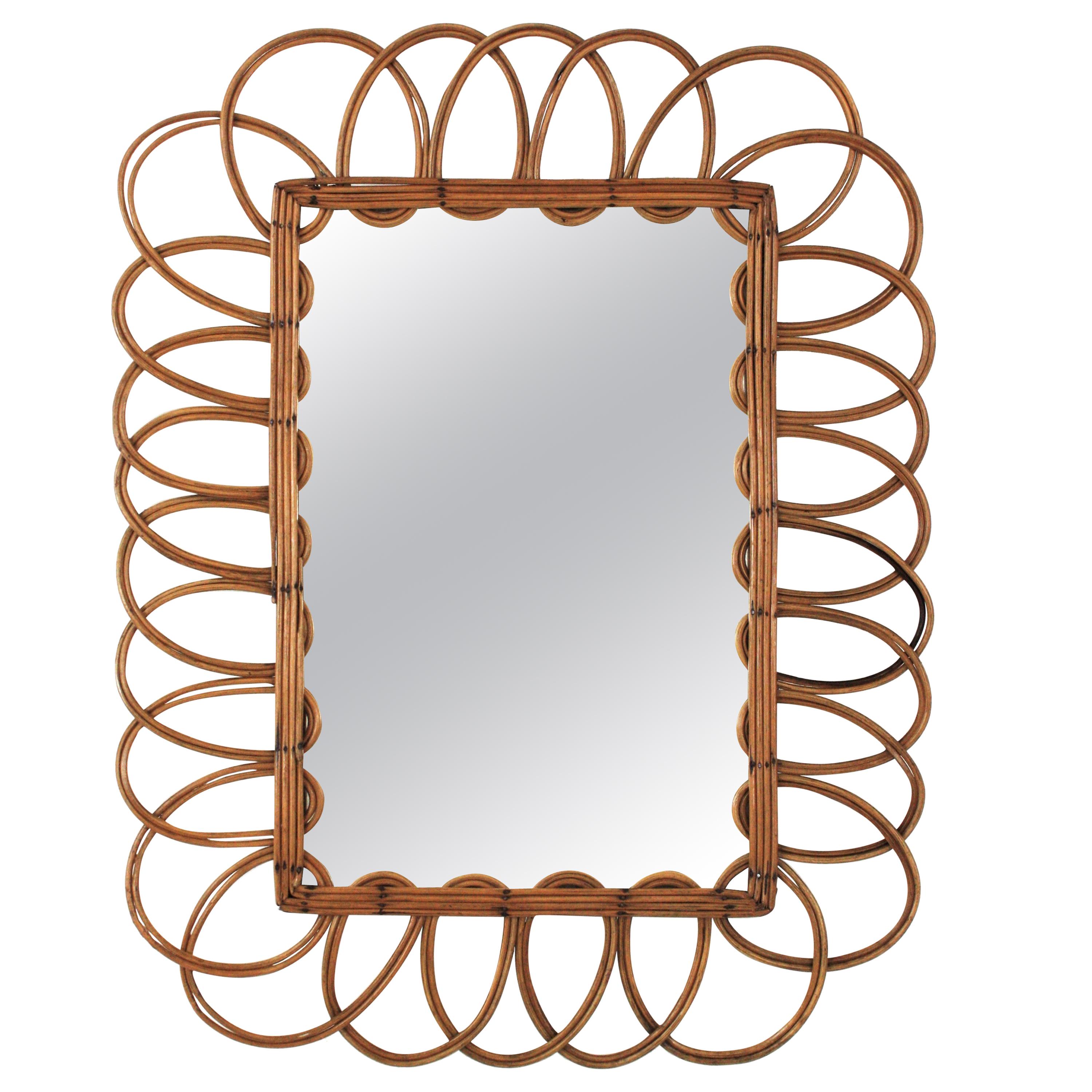 Rattan Sunburst Flower Rectangular Mirror, French Mediterranean Style ...