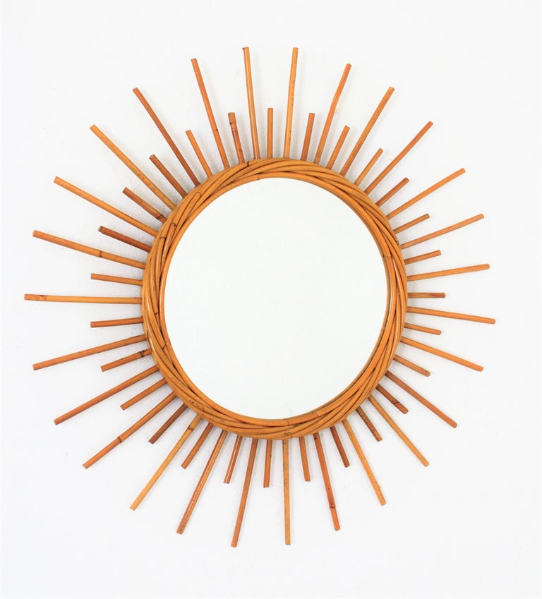 Rattan Sunburst Mirror from the French Riviera, 1960s For Sale at 1stDibs