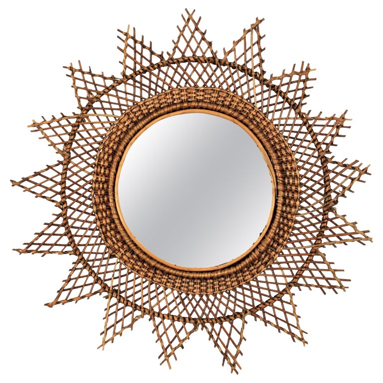 Rattan Sunburst Starburst Mirror with Wire Grid Frame at 1stDibs