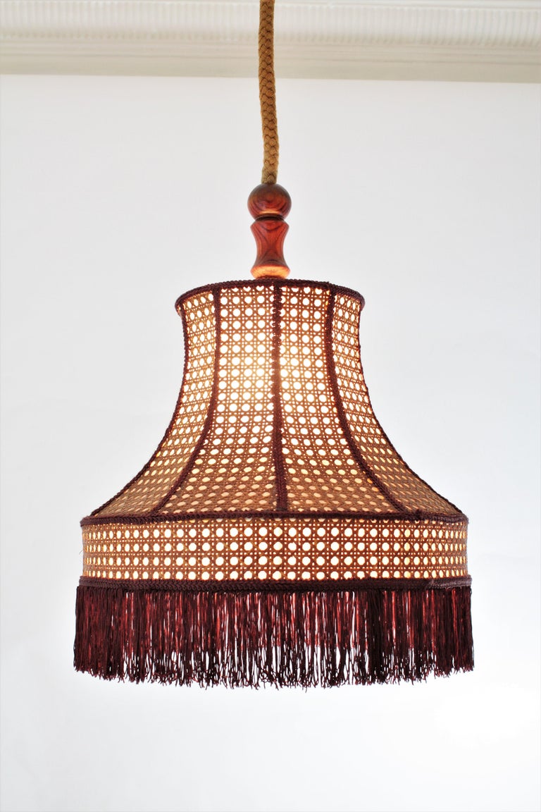 Rattan Wicker Pendant Hanging Lamp with Pagoda Shape and Fringed Bottom ...