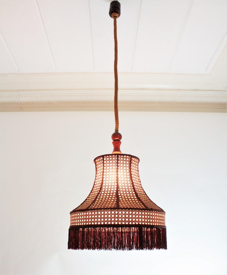 Rattan Wicker Pendant Hanging Lamp with Pagoda Shape and Fringed Bottom ...