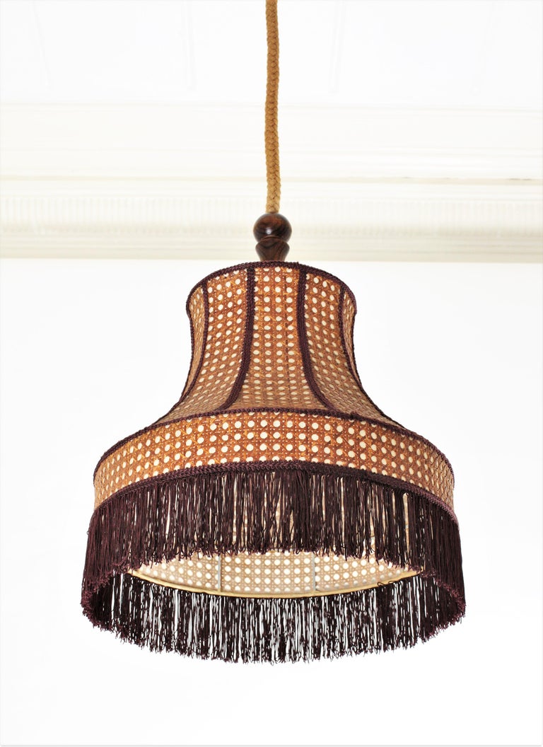 Rattan Wicker Pendant Hanging Lamp with Pagoda Shape and Fringed Bottom ...