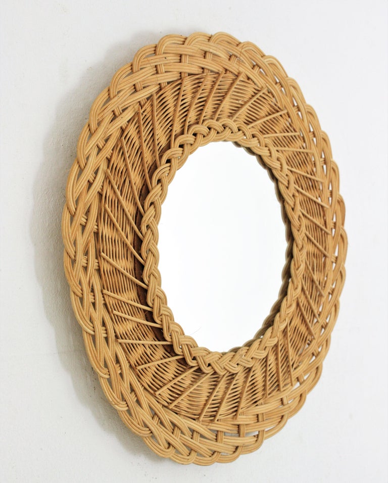 Rattan Wicker Round Mirror with Hand-Woven Frame, France, 1960s For ...