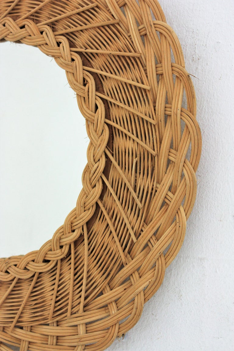 Rattan Wicker Round Mirror with Hand-Woven Frame, France, 1960s For ...