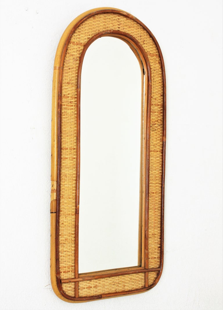 Rattan Woven Wicker Wall Mirror with Arched Top For Sale at 1stDibs