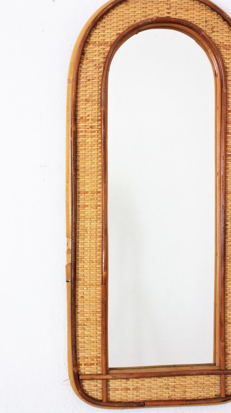 Rattan Woven Wicker Wall Mirror with Arched Top For Sale at 1stDibs