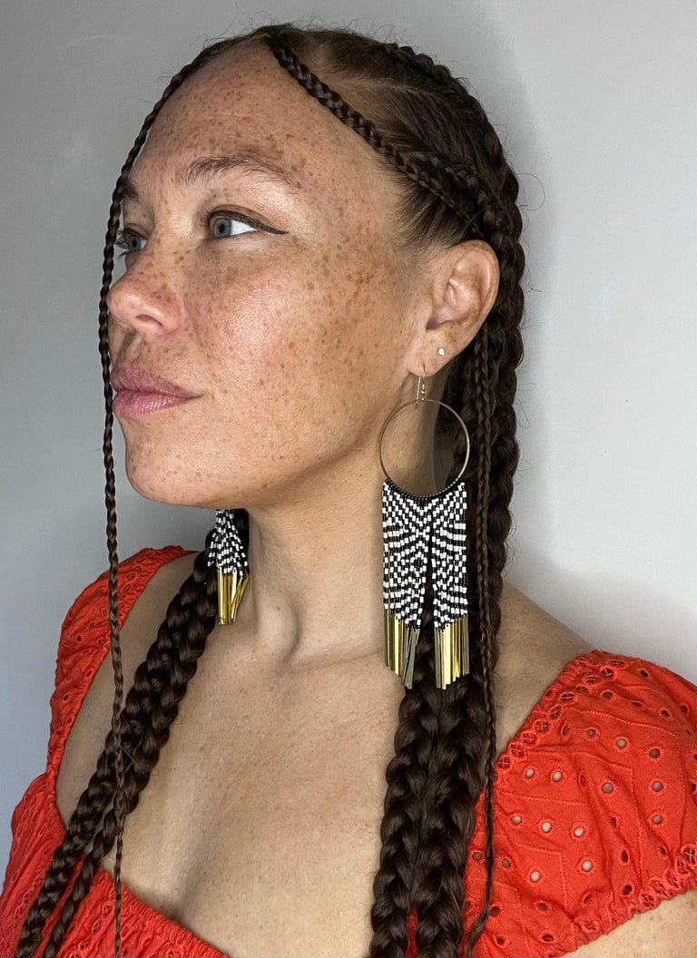 Raven’s Tail Diamonds Beaded Earrings with Long Brass Charms 'Ivory and ...