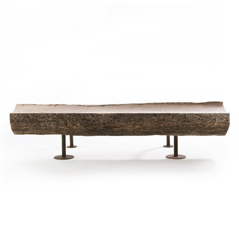 Raw Oak Bench with Bark at 1stDibs