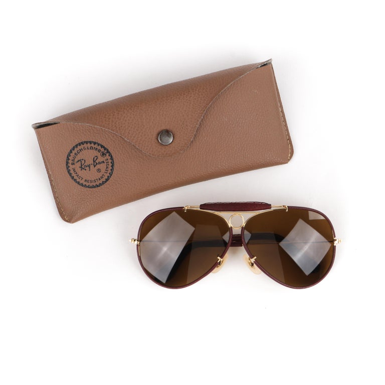 RAY BAN Bausch and Lomb c.1970's Gold Burgundy Leather Aviator Shooter ...
