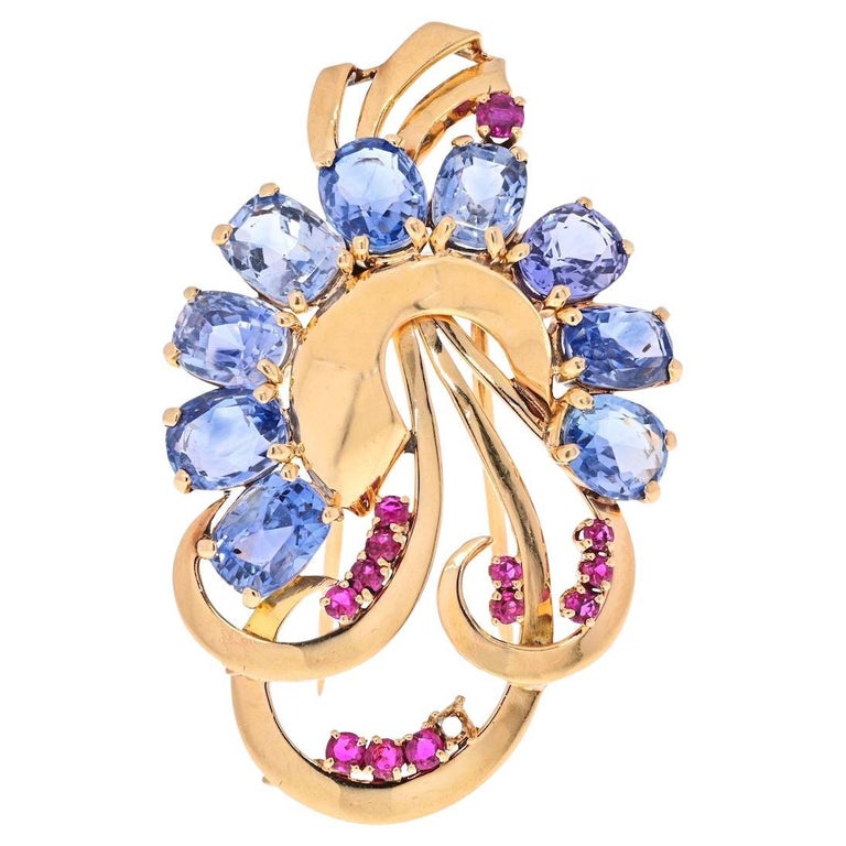 Raymond C. Yard 14K Rose Gold Sapphire and Ruby 1940's Brooch For Sale ...