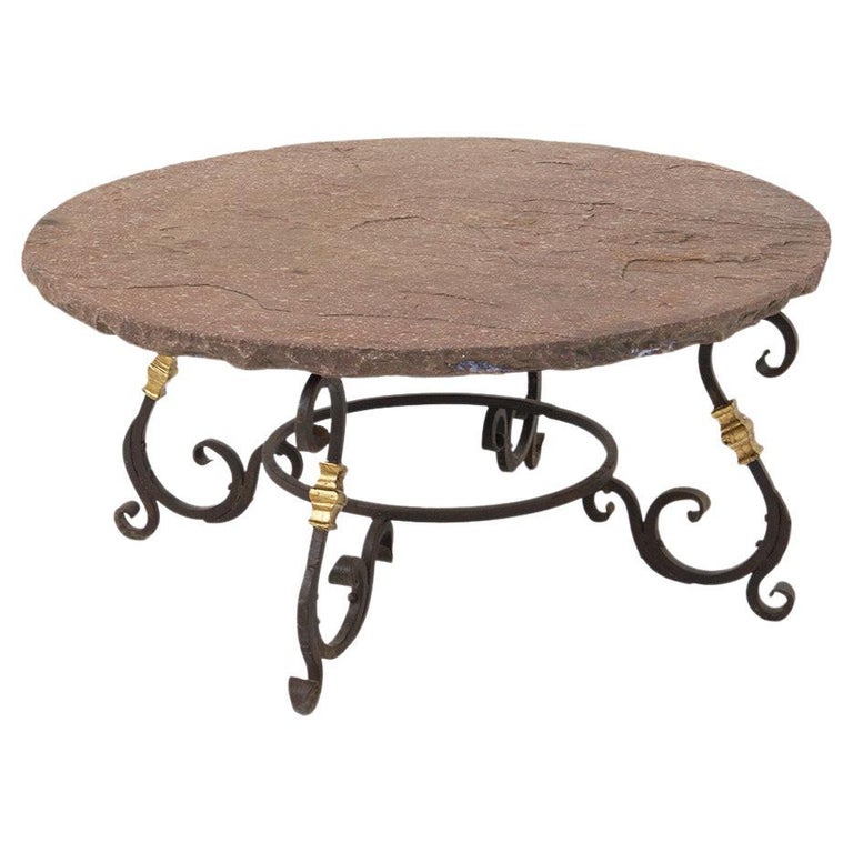 Raymond Subes Iron and Gold Leaf Coffee Table with Stone Top For Sale ...
