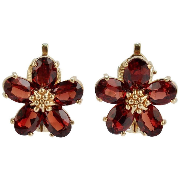 Raymond Yard 14 Karat Gold and Garnet Clip-On Flower Earrings For Sale ...