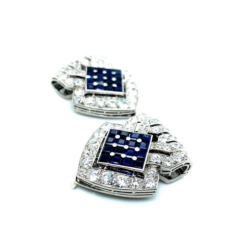 Raymond Yard Double Clip Diamond Sapphire Brooches For Sale at 1stDibs