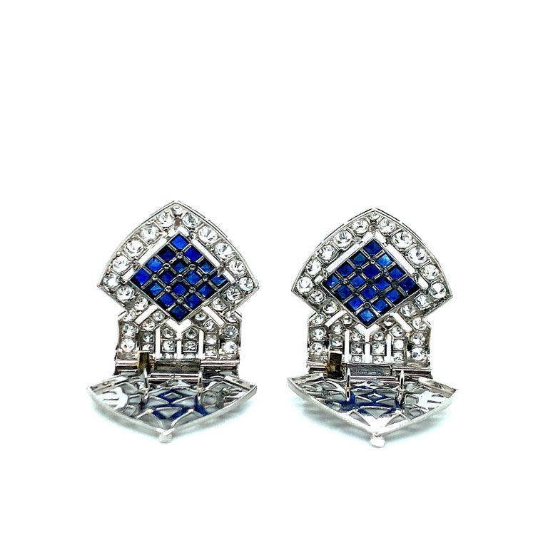 Raymond Yard Double Clip Diamond Sapphire Brooches For Sale at 1stDibs