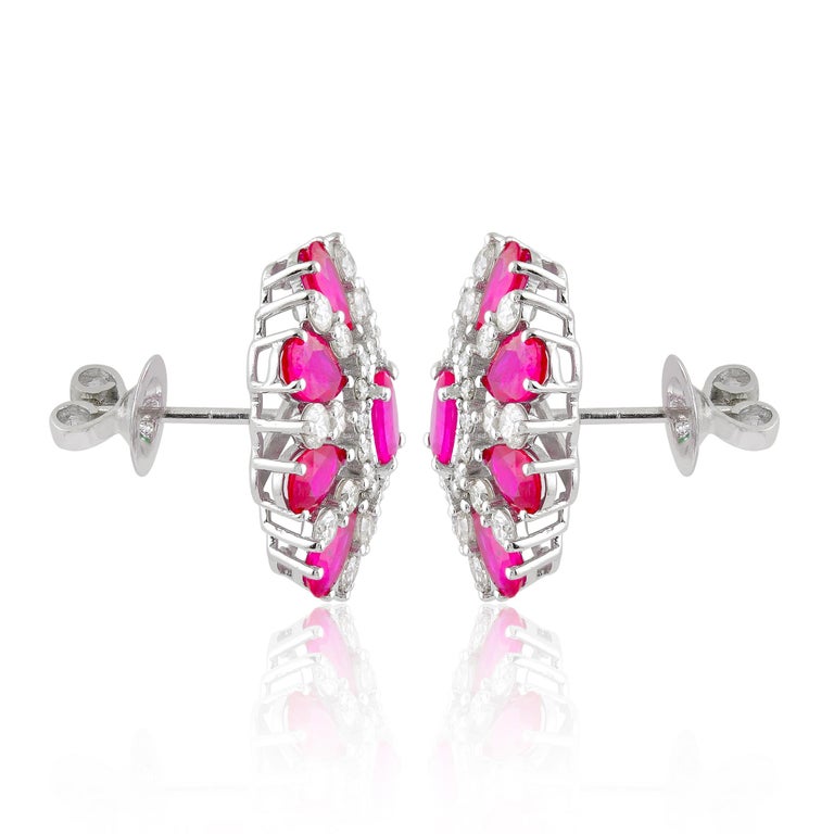 Real Ruby Gemstone Flower Stud Earrings 10k White Gold Pave Diamond ...