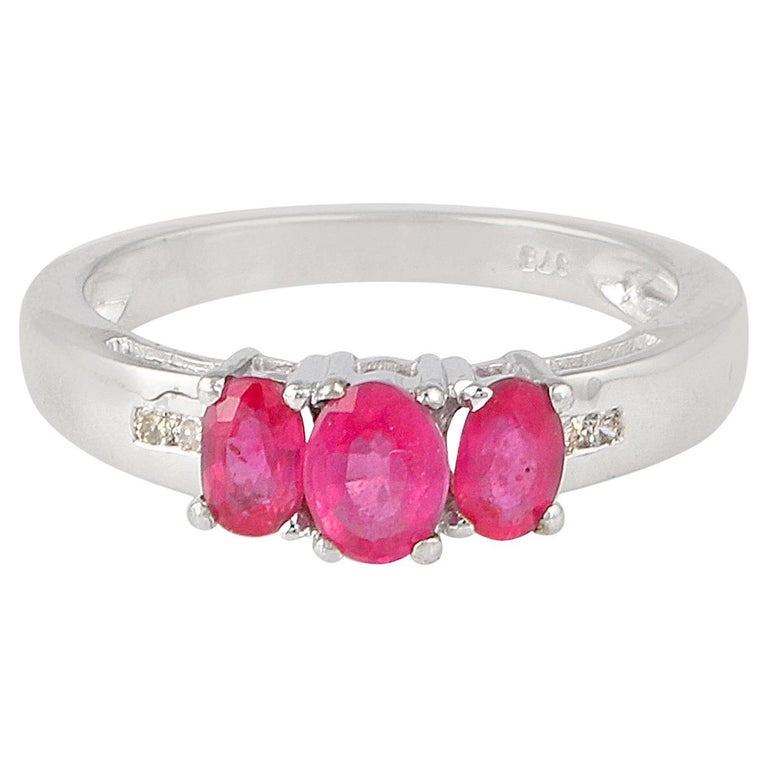 Customizable Real Three Ruby Gemstone Ring Diamond Pave 9 Karat White ...