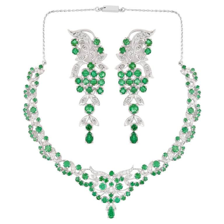 Natural Emerald Gemstone Earrings Necklace Set Diamond Silver Fine ...