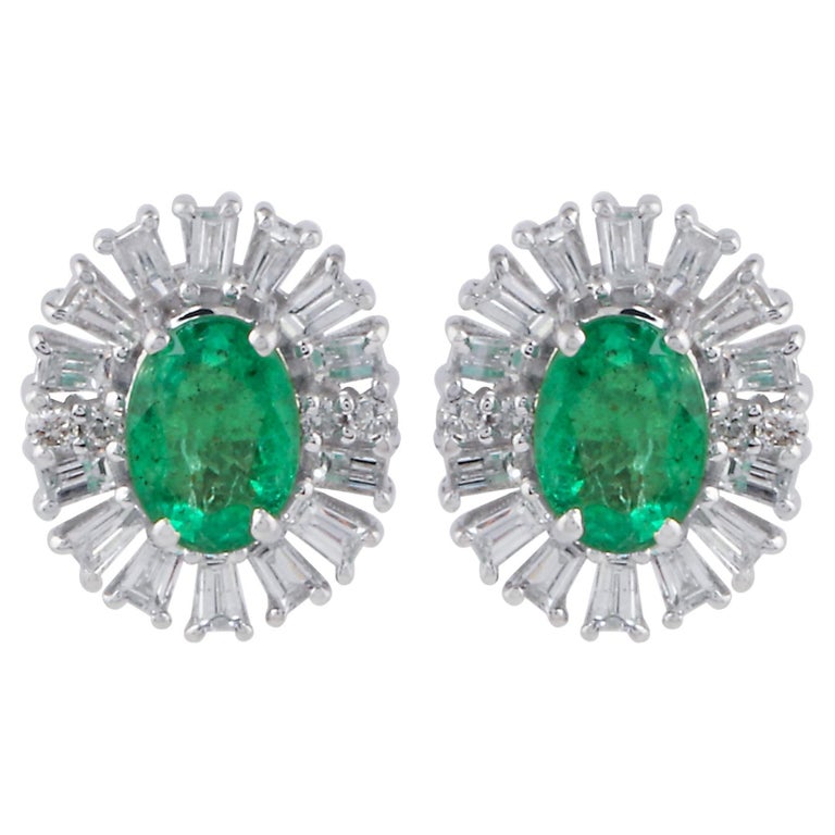 Natural Emerald Gemstone Stud Earrings Baguette Diamond 18 Karat White ...