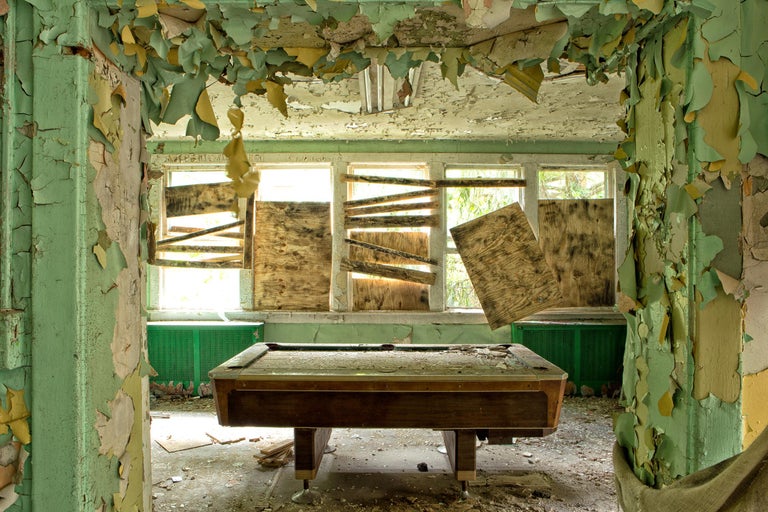 Rebecca Skinner - "Outward", photograph, abandoned, pool table, peeling paint, interior, green ...