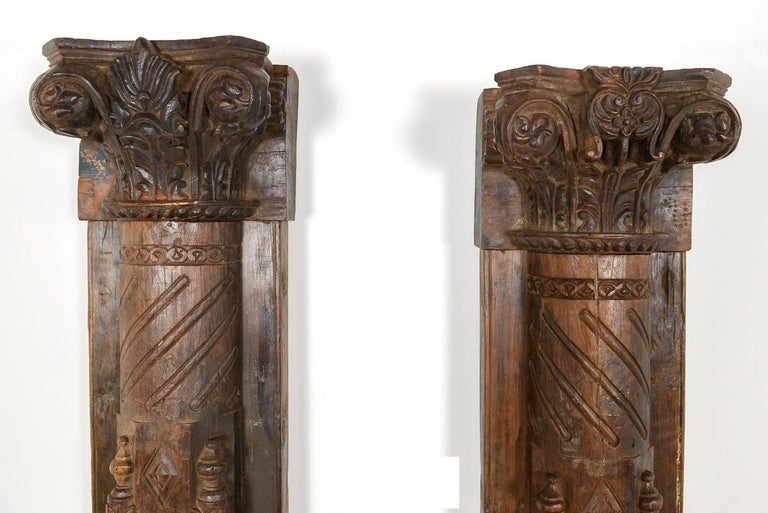 Reclaimed Carved Wooden Pillars and Stone Bases, 20th Century For Sale ...