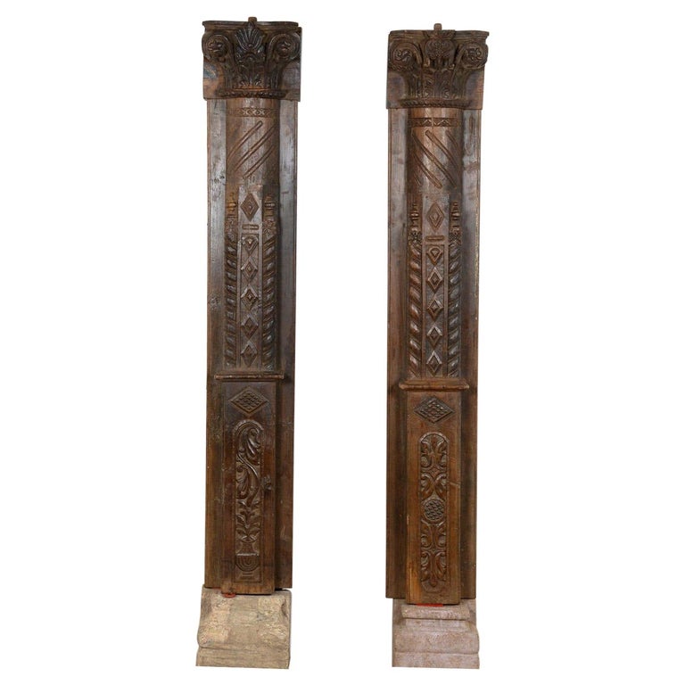 Reclaimed Carved Wooden Pillars and Stone Bases, 20th Century For Sale ...