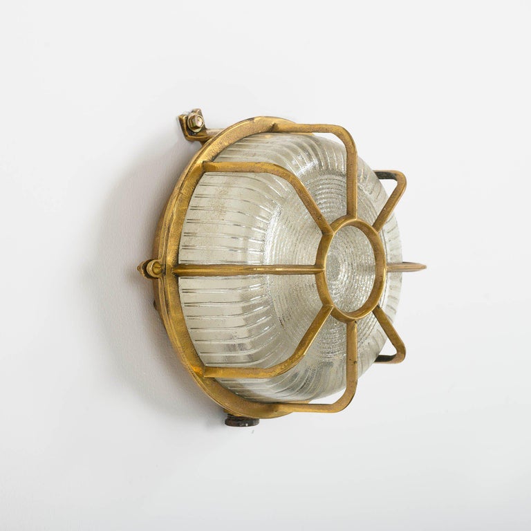 Reclaimed Circular Brass Ship Bulkhead Lights with Prismatic Glass For ...