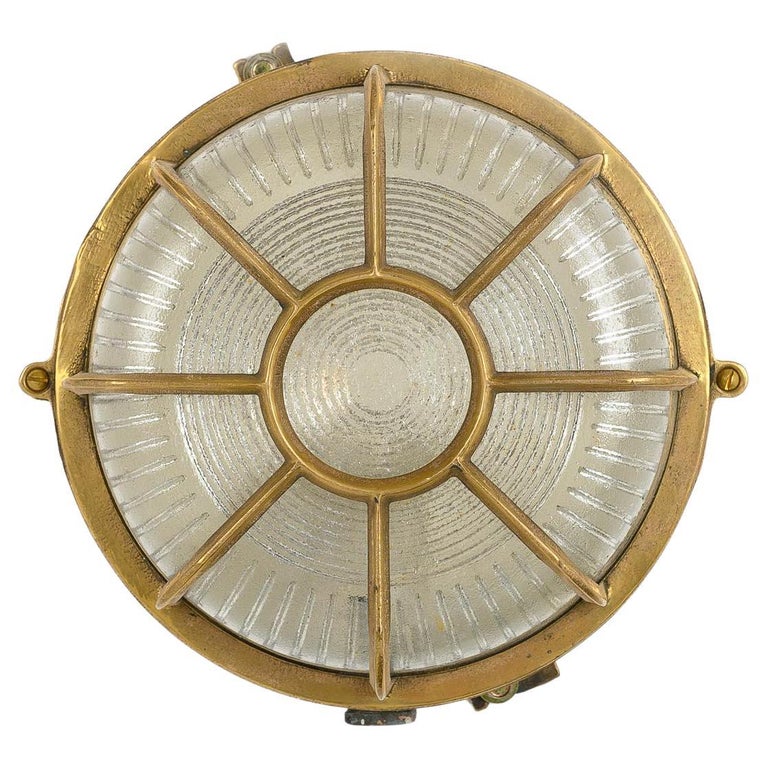 Reclaimed Circular Brass Ship Bulkhead Lights with Prismatic Glass For ...