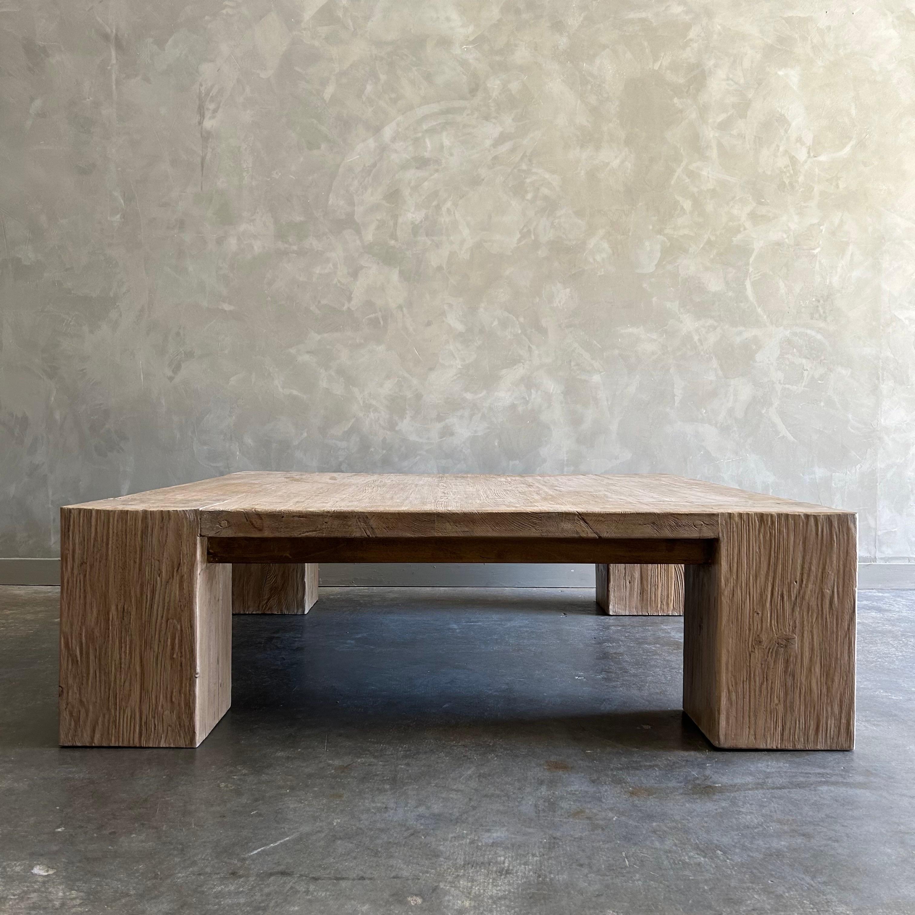 Reclaimed Elm Wood Beam Square Coffee Table For Sale at 1stDibs