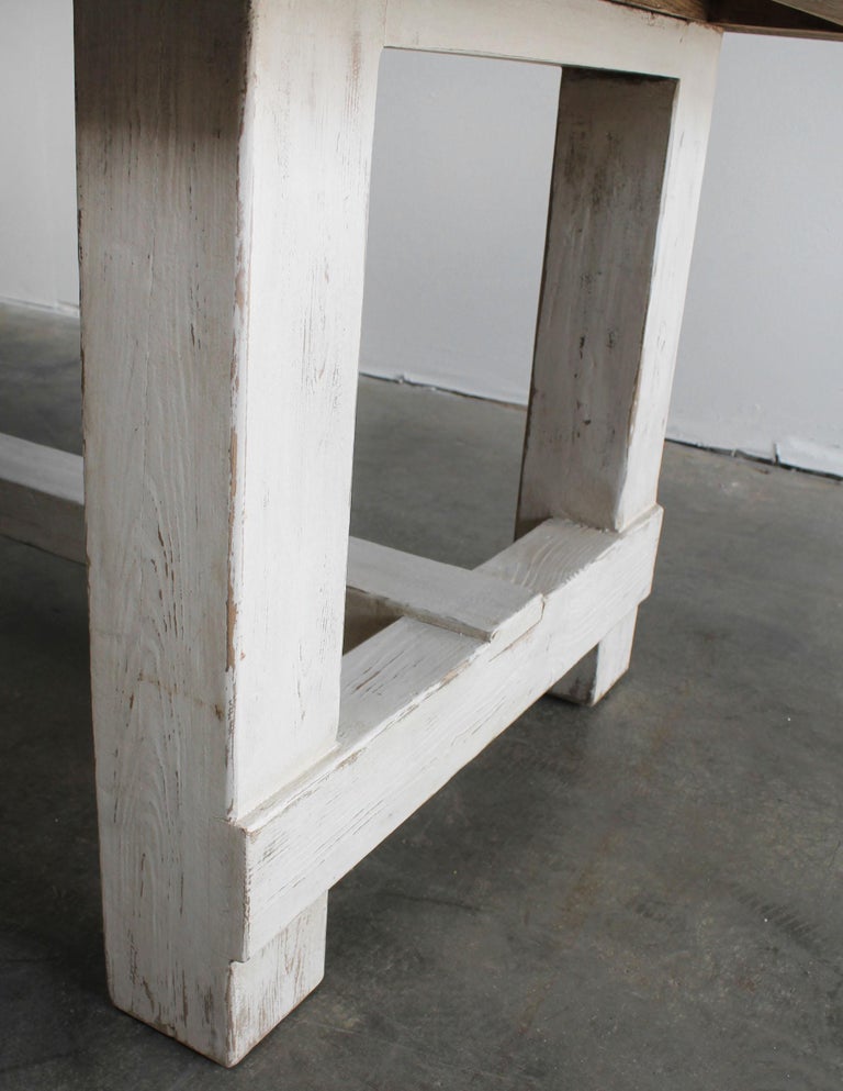 Reclaimed Pine Wood Dining Table with Distressed White Paint For Sale ...