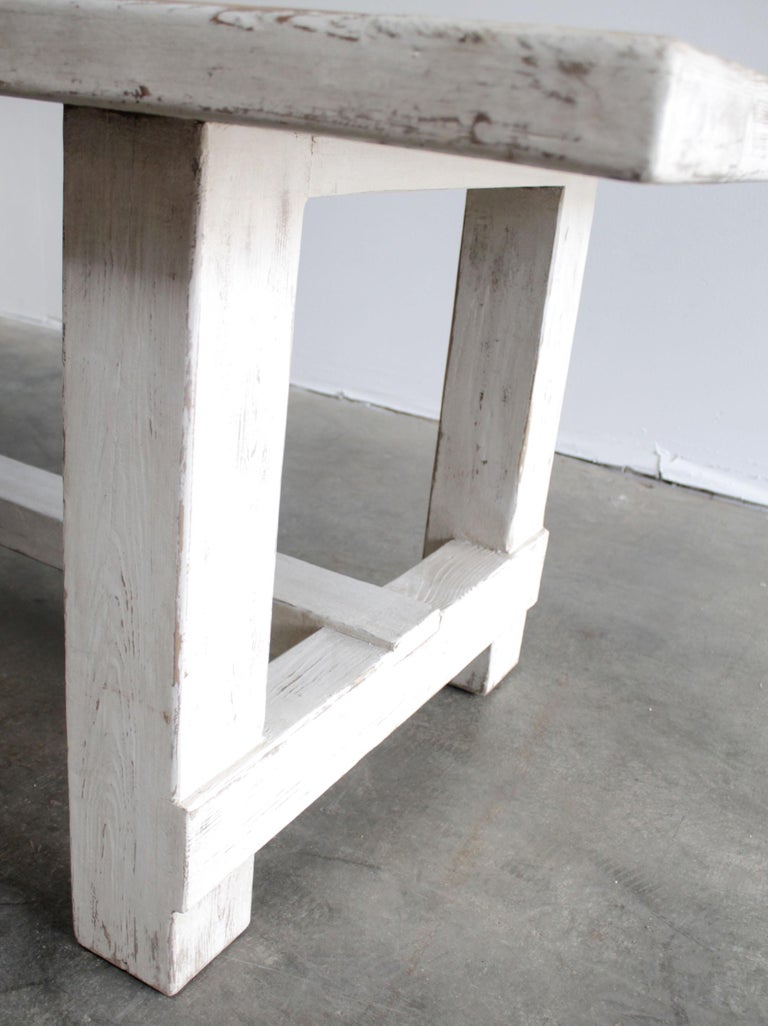 Reclaimed Pine Wood Dining Table with Distressed White Paint For Sale ...