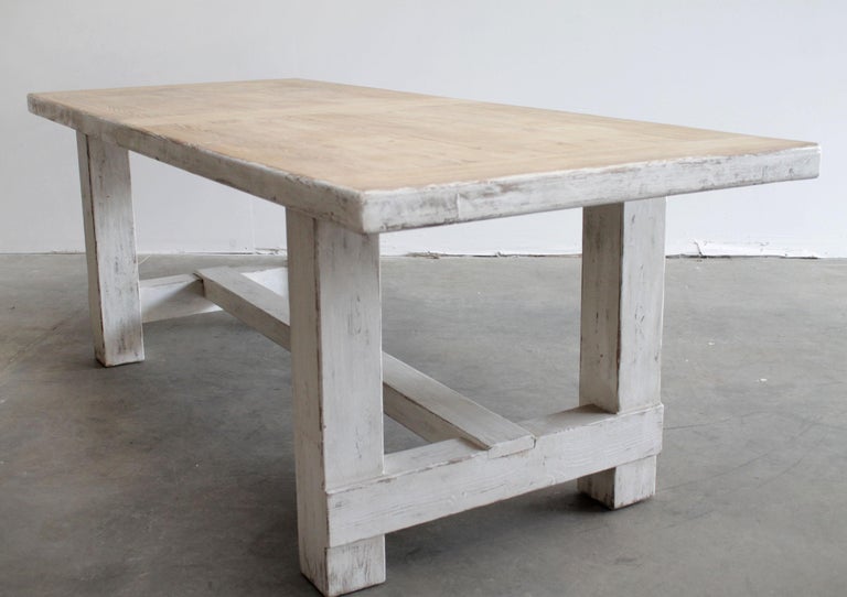 Reclaimed Pine Wood Dining Table with Distressed White Paint For Sale ...