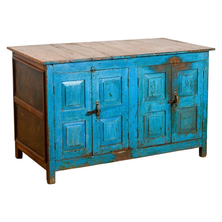 Reclaimed Teak Blue Painted Sideboard, 20th Century For Sale at 1stDibs