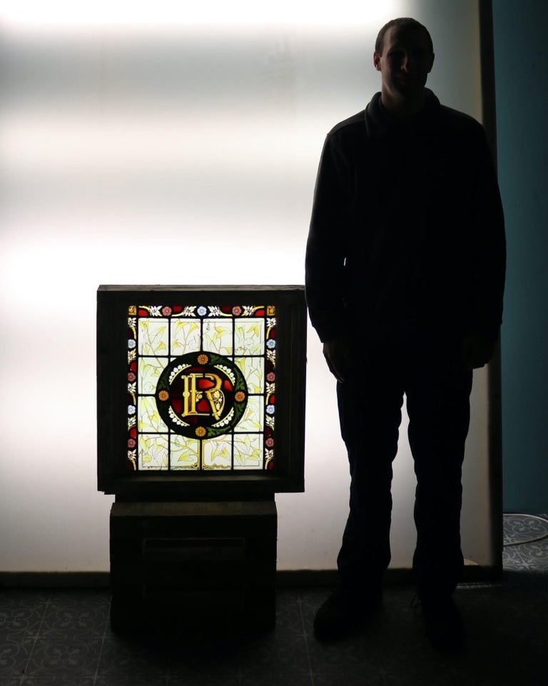 Reclaimed Victorian Leaded Glass Window with Monogram For Sale at 1stDibs