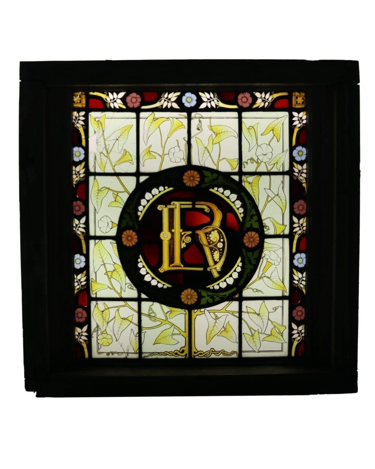 Reclaimed Victorian Leaded Glass Window with Monogram For Sale at 1stDibs